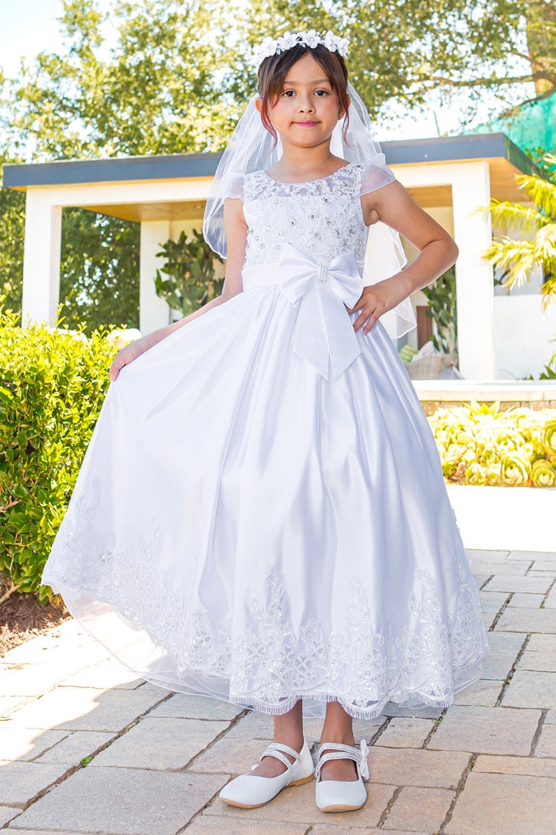 First Communion Dress With Long Organza Skirt and Bow - Christian ...