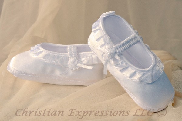 Girls Satin Christening Shoe with Pleated Ribbon - Christian ...