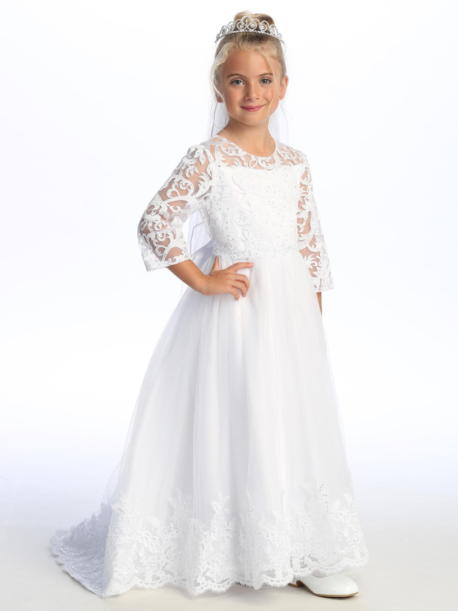 Long Sleeve First Communion Dress Embroidered tulle with sequins with ...
