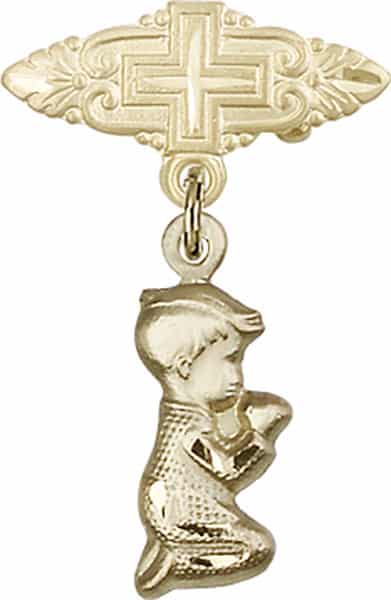 14kt Gold Baby Badge with Praying Boy Charm and Badge Pin With Cross ...