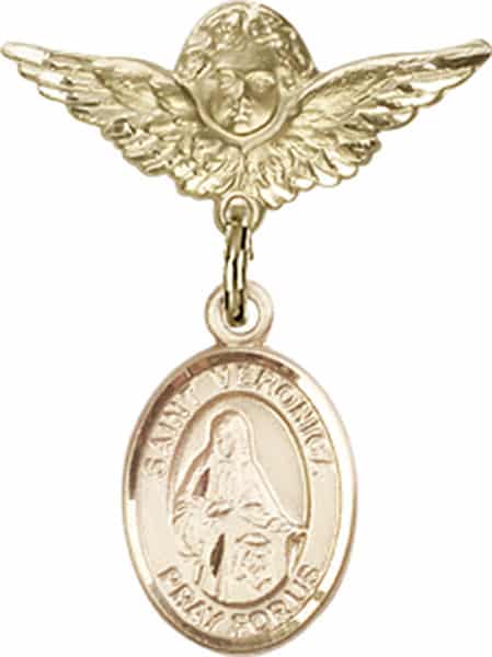 14kt Gold Baby Badge with St. Veronica Charm and Small Angel w/Wings ...