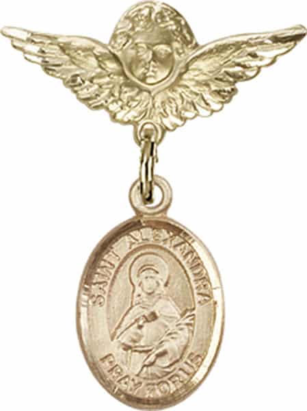 14kt Gold Baby Badge with St. Alexandra Charm and Small Angel w/Wings ...
