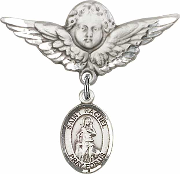 Sterling Silver Baby Badge with St. Rachel Charm and Large Angel w ...